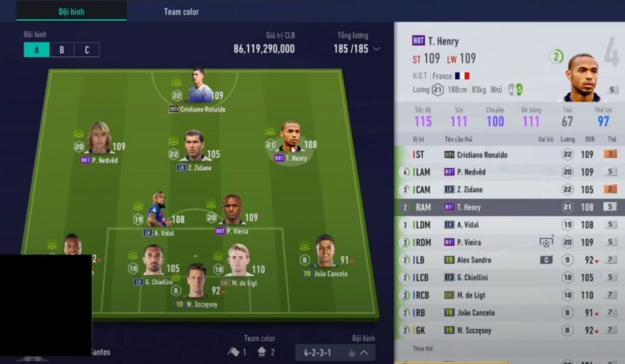 Sơ đồ 4-2-3-1: Build đội hình Juventus FO4 với Ronaldo 20TY