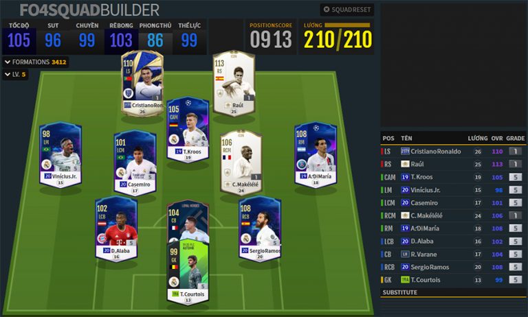 Đội hình team color Real Madrid FO4 dải ngân hà Galaticos 4.0